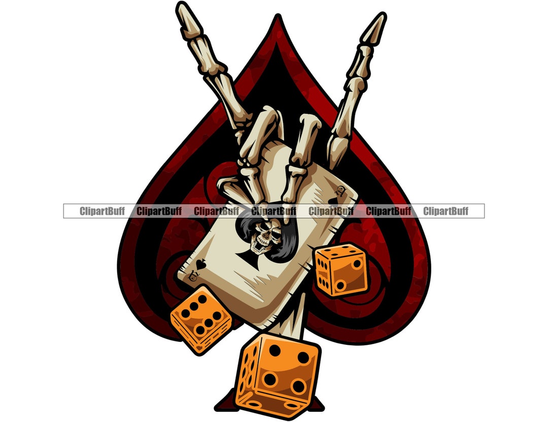 Skull Hand Holding Ace of Spades Dice Skeleton Face Playing Card Poker ...