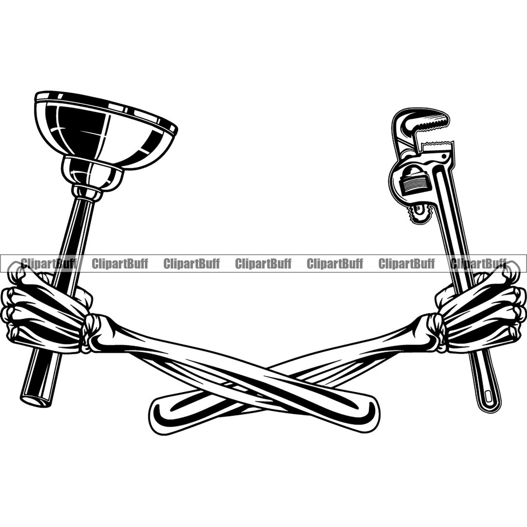 Plumber Skeleton Arm Skull Hand Holding Plunger Pipe Wrench Worker Build Builder Contractor ...