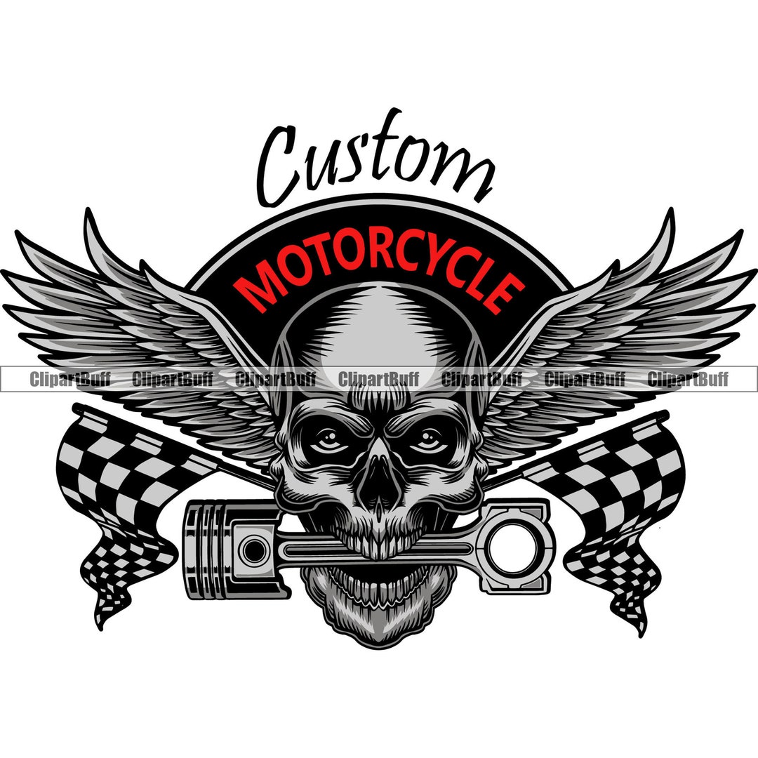 Custom Motorcycle Skull Head Eating Piston Wings Race Flag Automobile ...