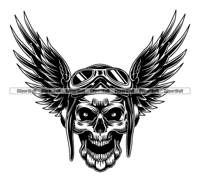 Skull Airplane Pilot Aviator Wings Flight Helmet Goggles Head Skeleton ...