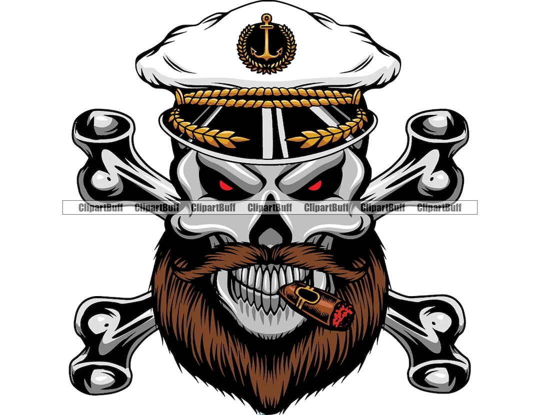 Skull Crossbones Boat Captain Mariner Beard Smoking Cigar Skeleton Hat ...