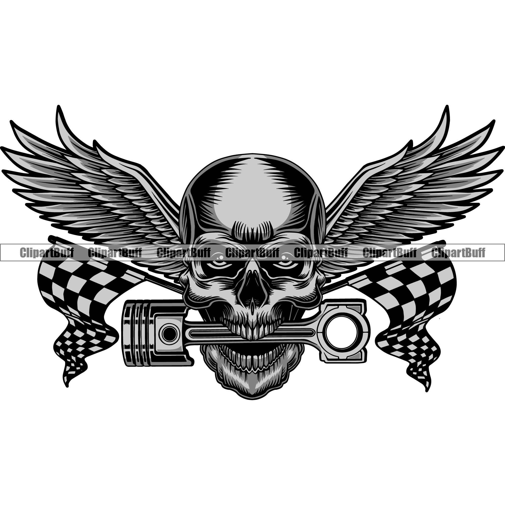 Skull Biting Piston Skeleton Wings Checker Flag Mechanic Repair Car ...