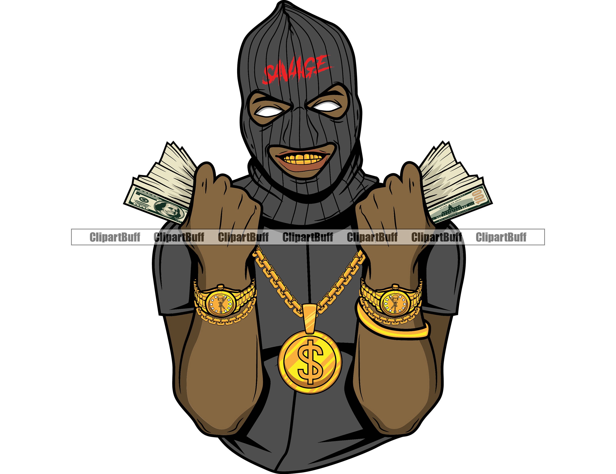 Gangster Hustle Black Man Gang Member Ski Mask Gold Teeth Chain Rich ...