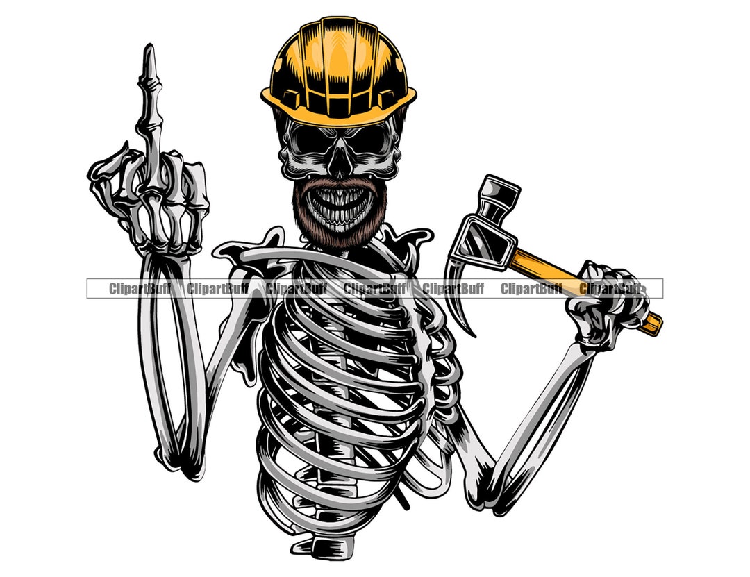Skull Holding Hand Hammer Skeleton Middle Finger Construction Helmet ...