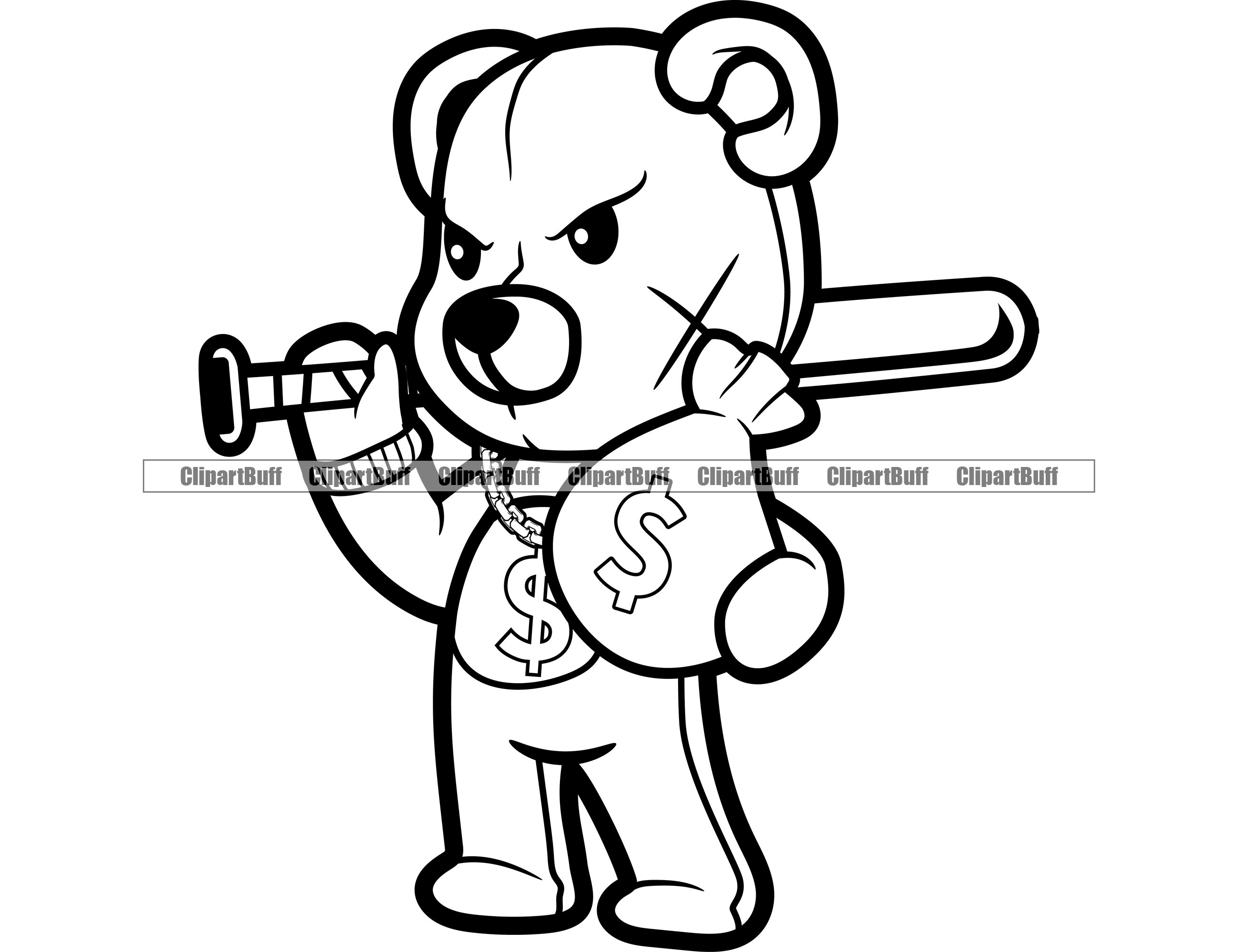 Gangster Hustle Teddy Bear Scar Face Money Bag Baseball Bat Cartoon ...