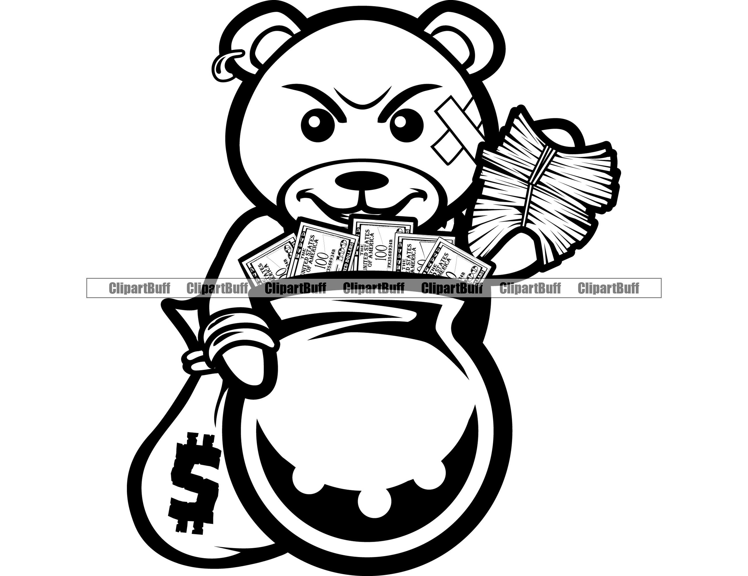 Gangster Hustle Teddy Bear Honey Bowl Full of Money Gold Jewelry Cash ...