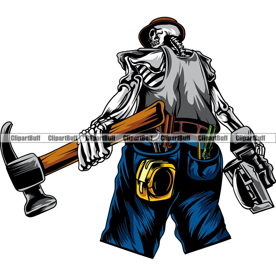 Skull Holding Hammer Nail Gun Skeleton Construction Worker Roofer ...