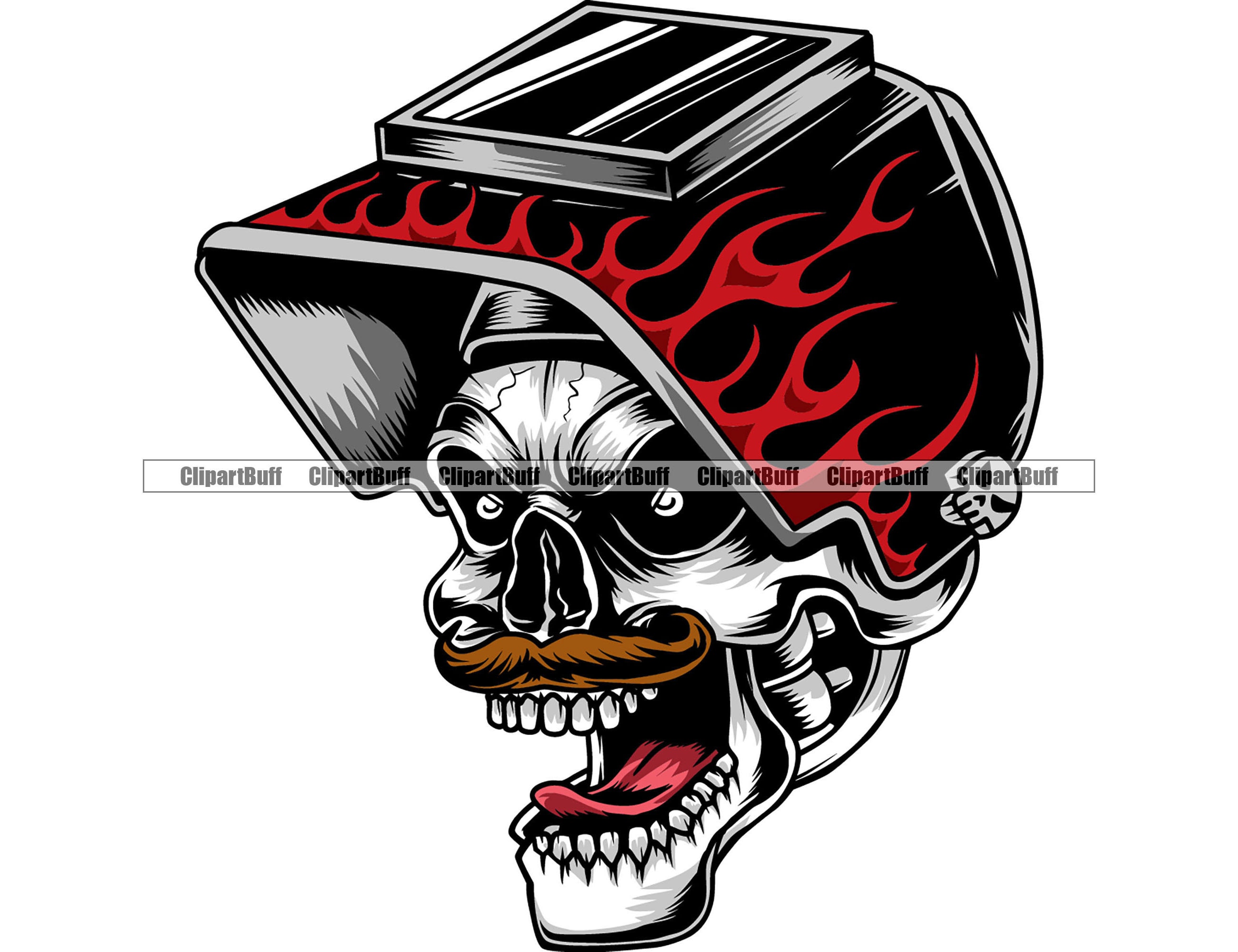 Skull Wearing Welding Helmet Mask Hot Rod Flames Mustache Weld Skeleton ...