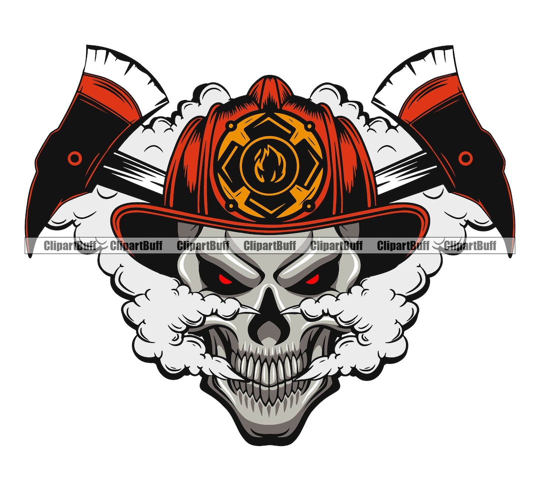 Skull Firefighter Fireman Firefighting Skeleton Red Eyes Axe Smoke ...