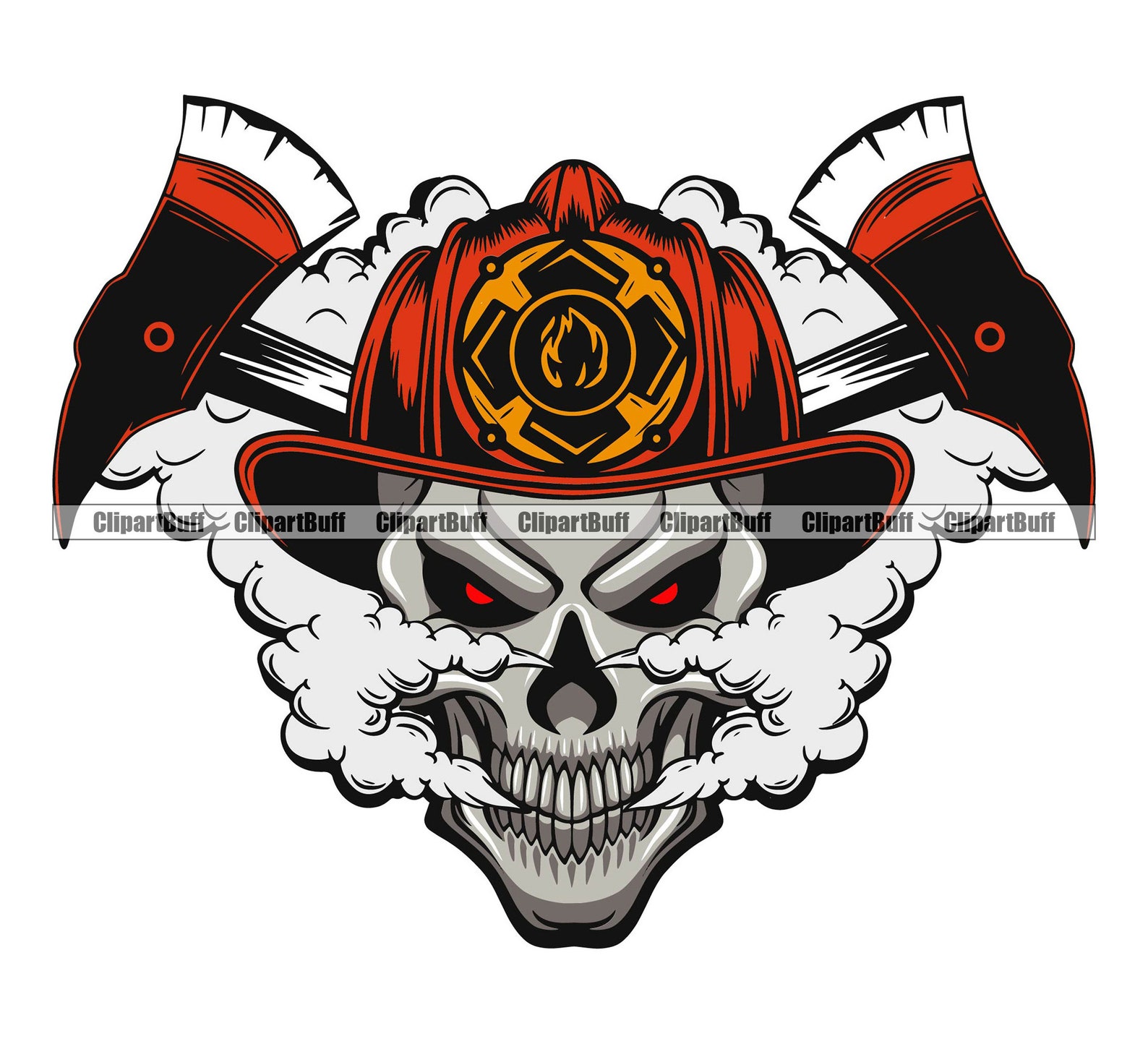 Skull Firefighter Fireman Firefighting Skeleton Red Eyes Axe Smoke ...