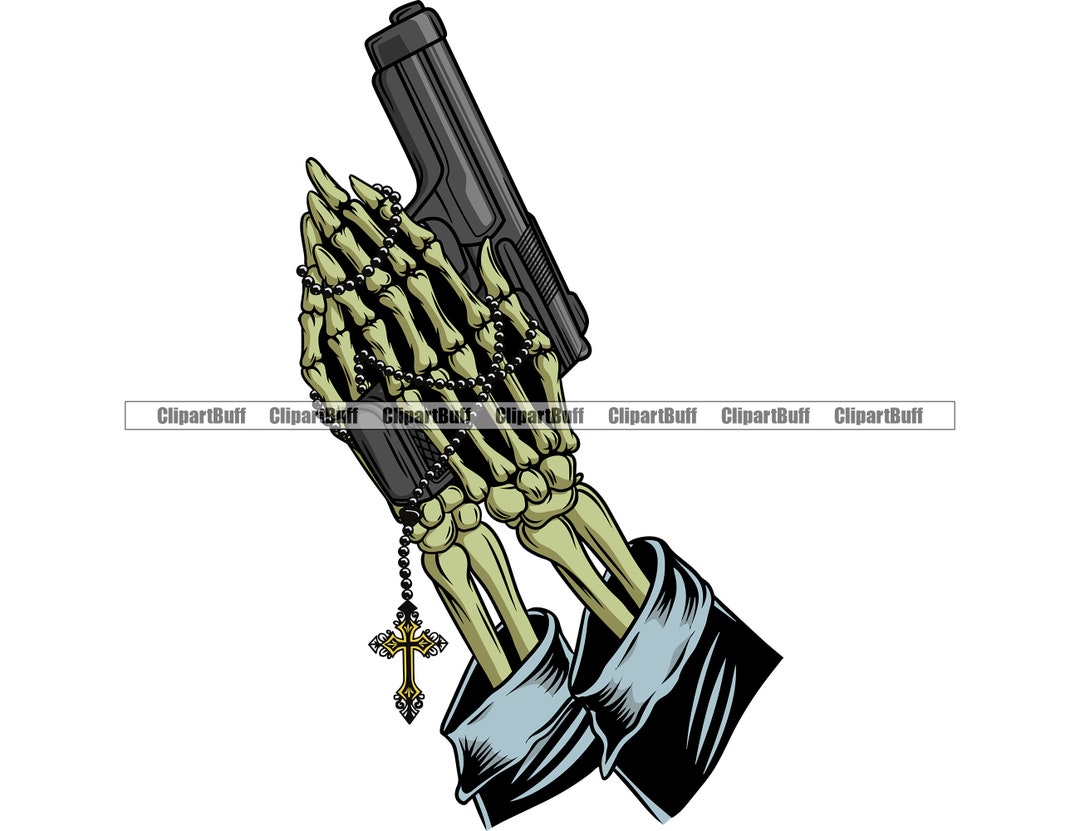 Praying Black Skeleton Hand Machine Gun Religious Rosary Beads Cross ...