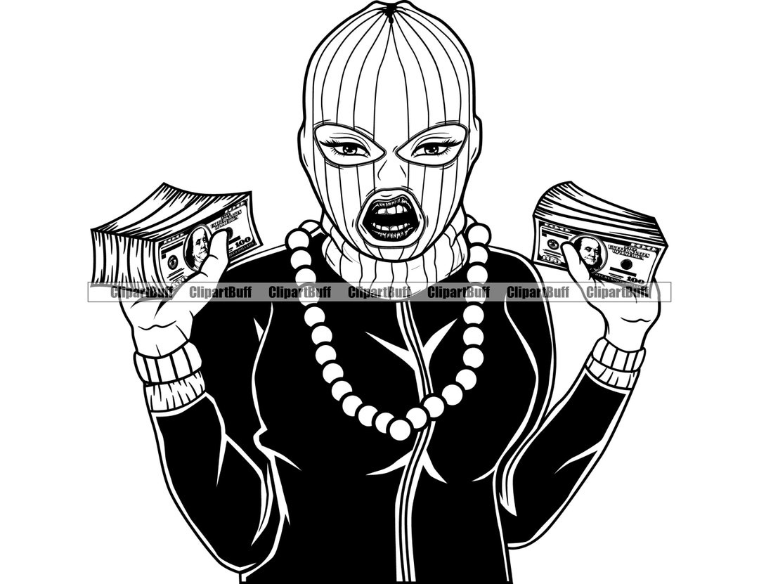 Gangster Hustle Girl Wearing Ski Mask Gold Chain Big Money Stacks Trap ...
