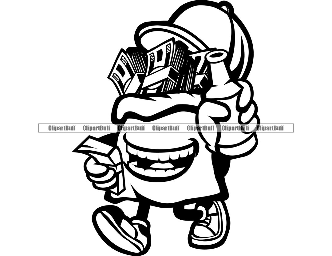 Money Bag Cartoon Gangster Hustle Character Smiling Holding Cash Beer ...