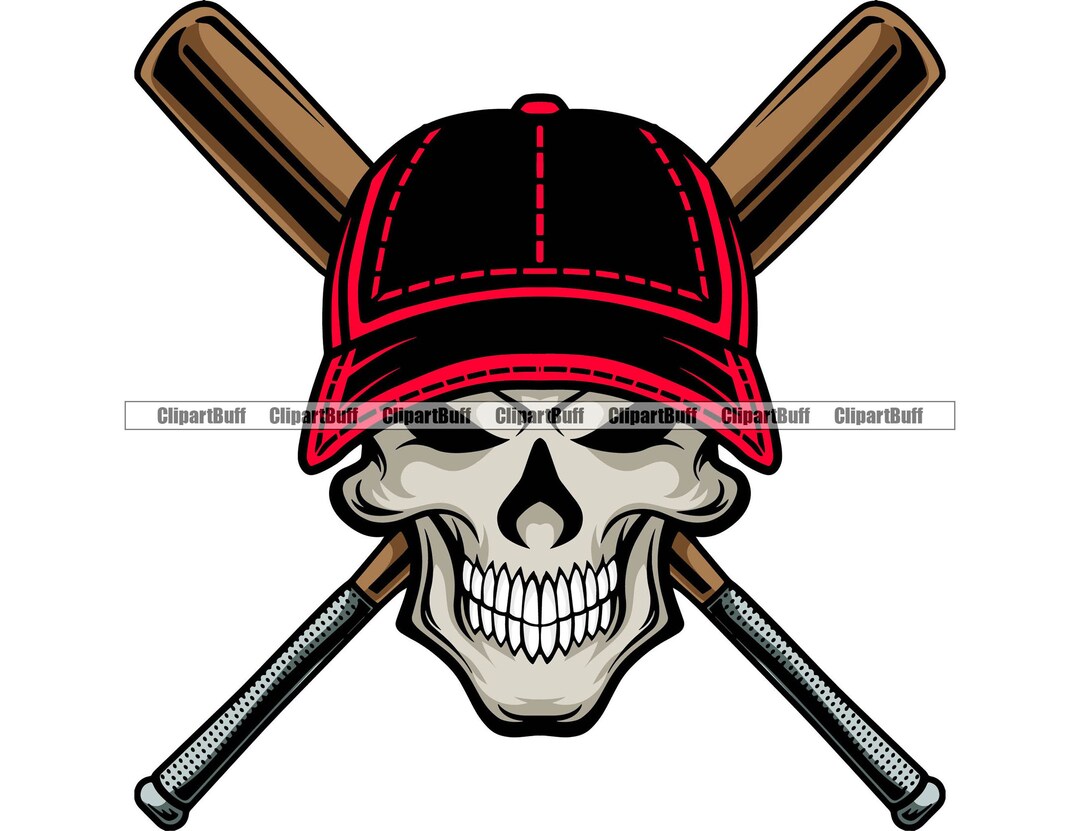 Skull Head Baseball Hat Cap Bat Crossbones Grin Skeleton Player Sports ...