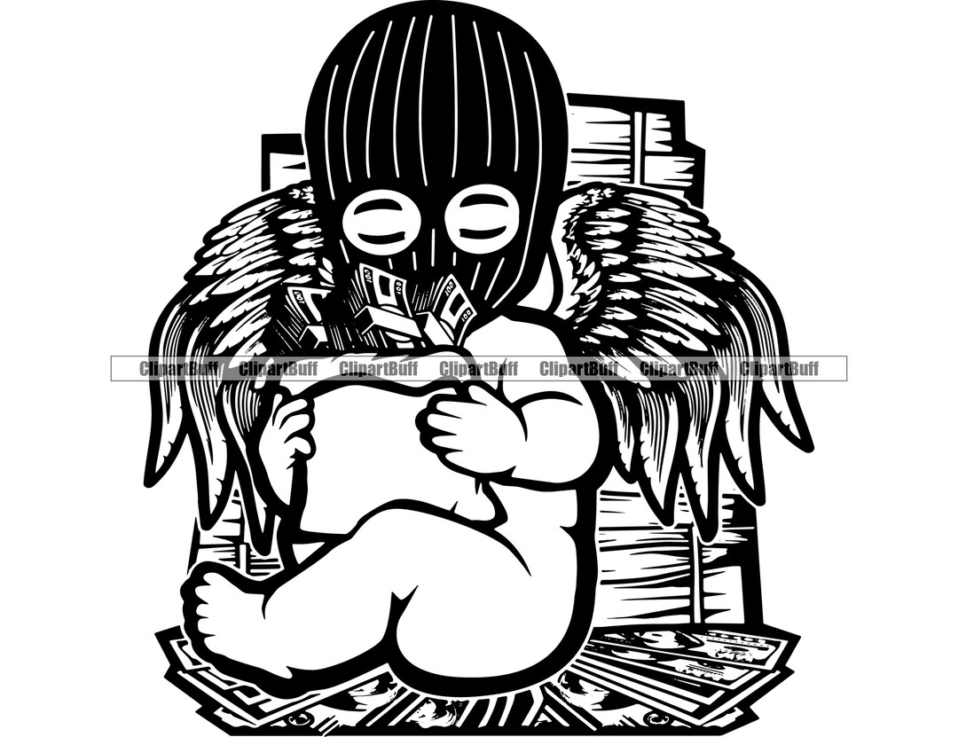 Gangster Hustle Baby Statue Angel Wings Sitting on Money Bag Ski Mask ...