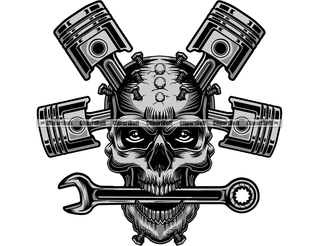 Skull Piston on Head Skeleton Wrench Garage Work Builder Machine ...