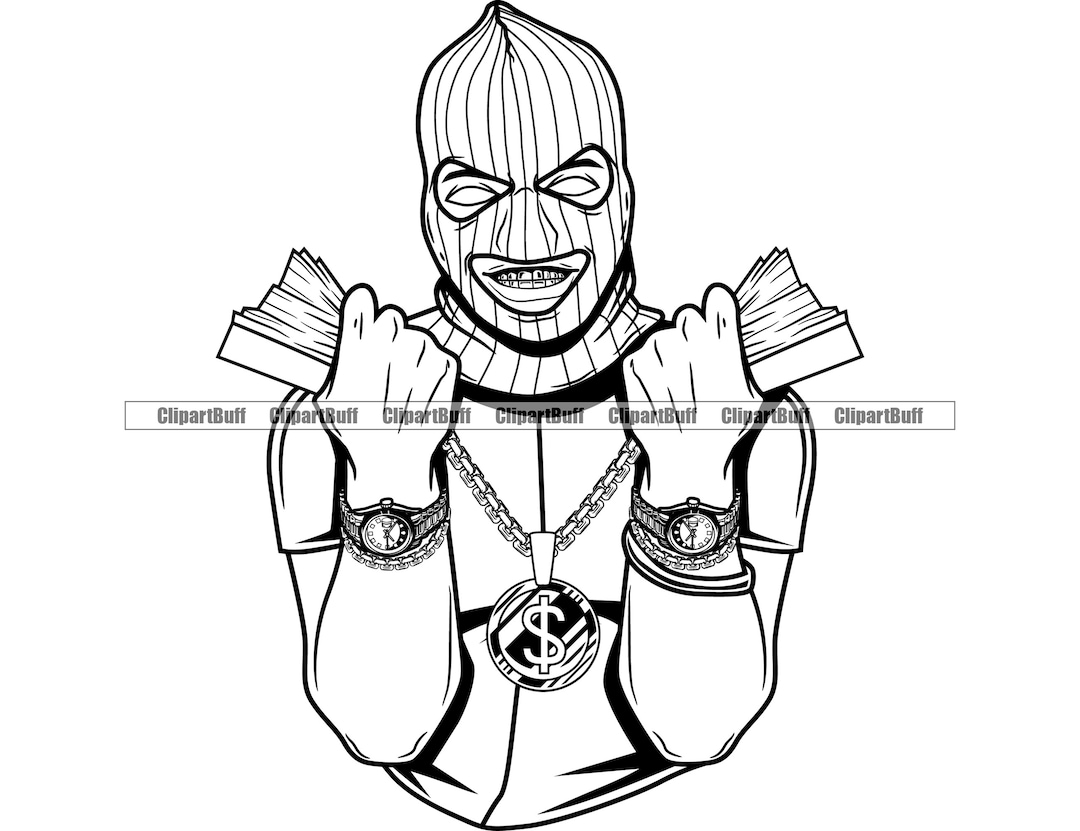Gangster Hustle Black Man Gang Ski Mask Gold Teeth 2 Watches No Eyes ...