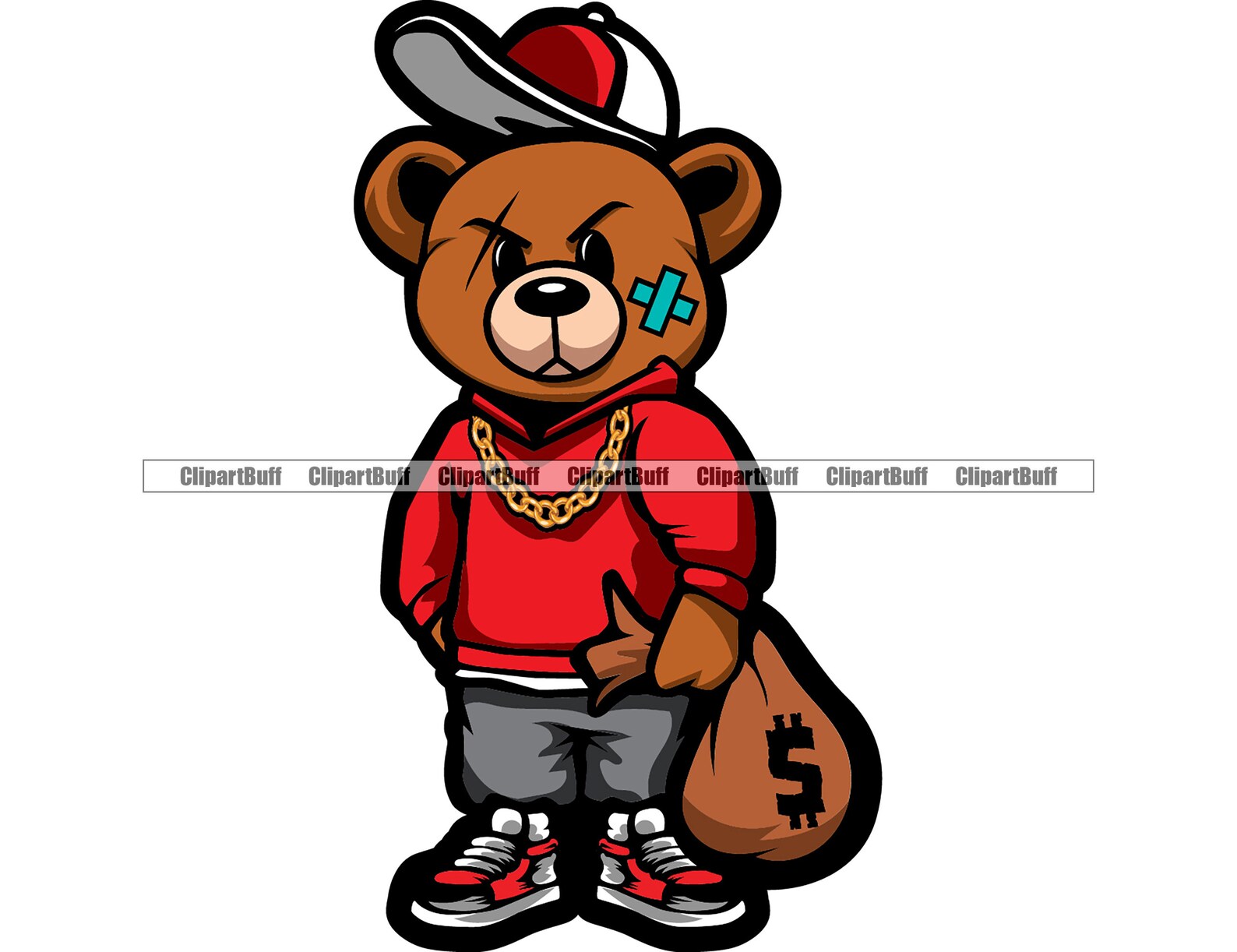 Gangster Hustle Teddy Bear Gold Necklace Hat Scar Face Sneakers Cartoon ...