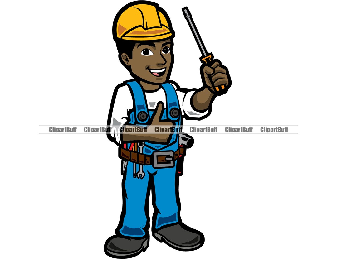 Handyman Worker Cartoon Character Black Man Construction Screwdriver ...