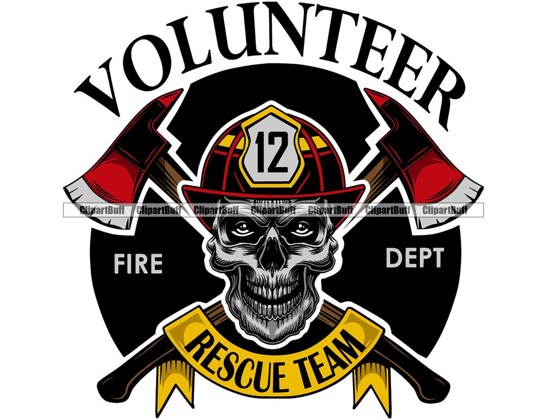 Skull Volunteer Firefighter Helmet Axes Crossed Crossbones Skeleton ...