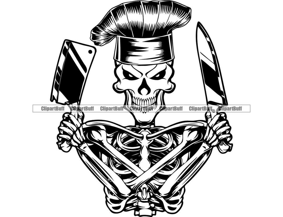 Skull Chef Wearing Hat Skeleton Butcher Knife Evil Cook Food - Etsy