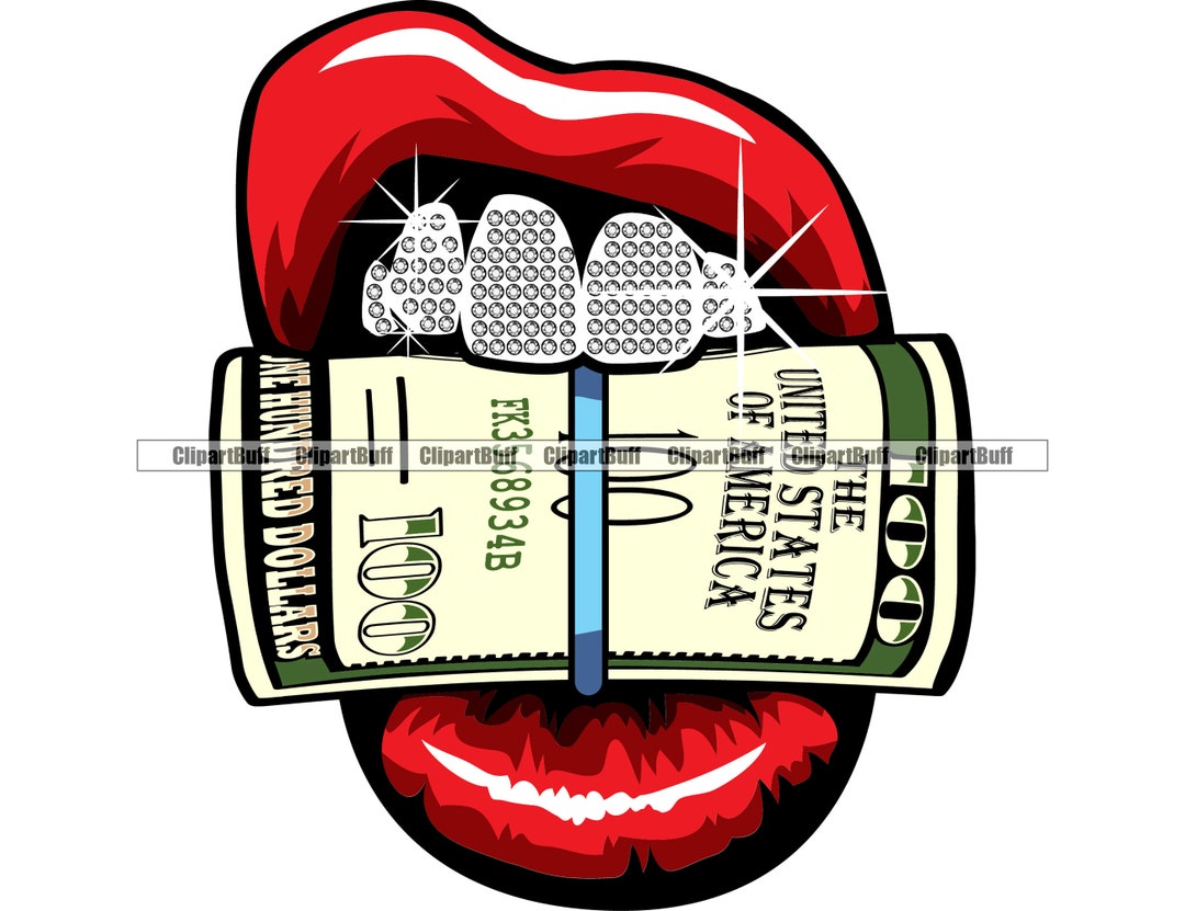 Lips Diamond Teeth Grill Biting Money Bite 100 Dollar Bill Cash Roll ...