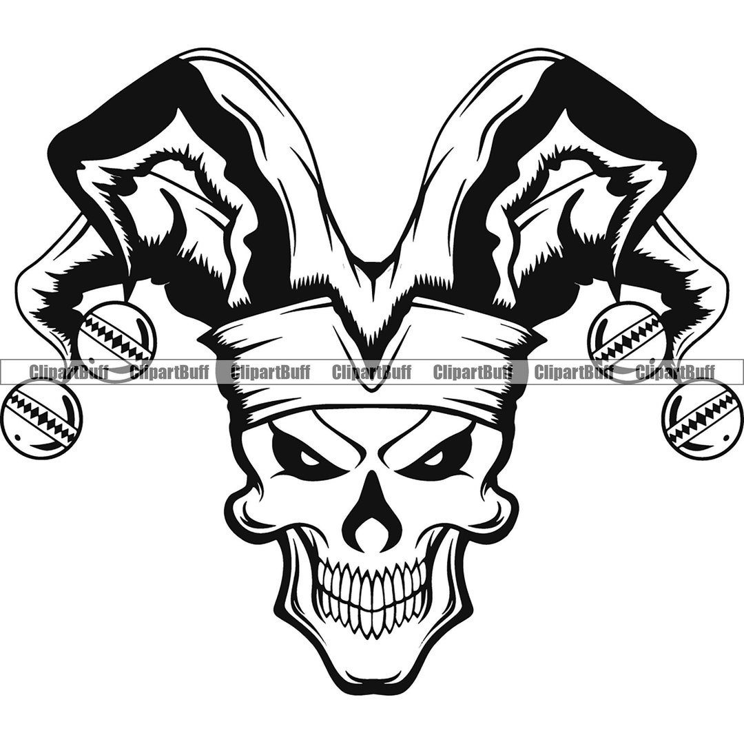 Skull Wearing Clown Hat Skeleton Jester Grin Joker Grinning Cap Bells ...
