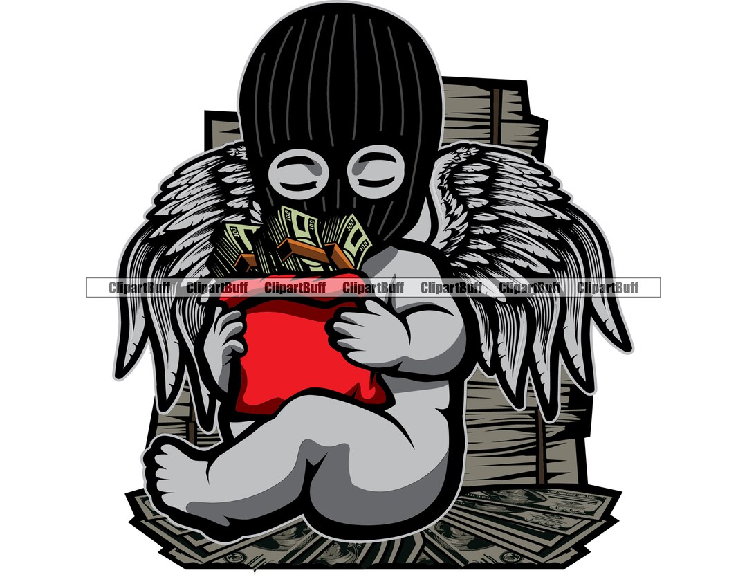 Gangster Hustle Baby Statue Angel Wings Sitting Money Bag Ski Mask ...
