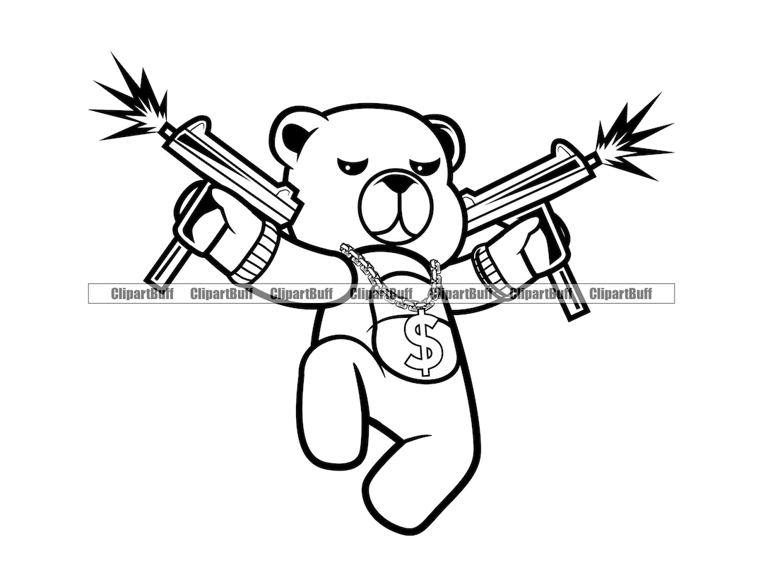 Gangster Hustle Teddy Bear Machine Gun Money Gold Jewelry Cartoon Hip ...