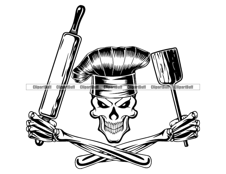 Skull Chef Baker Bakery Baking Pizza Peel Rolling Pin Skeleton Cooking ...