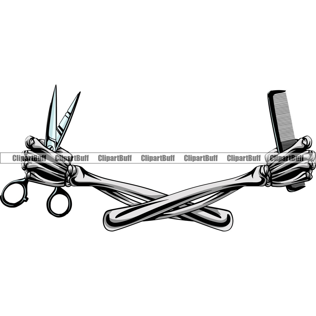 Skeleton Hand Holding Barber Shears Comb Scissors Razor Skull ...
