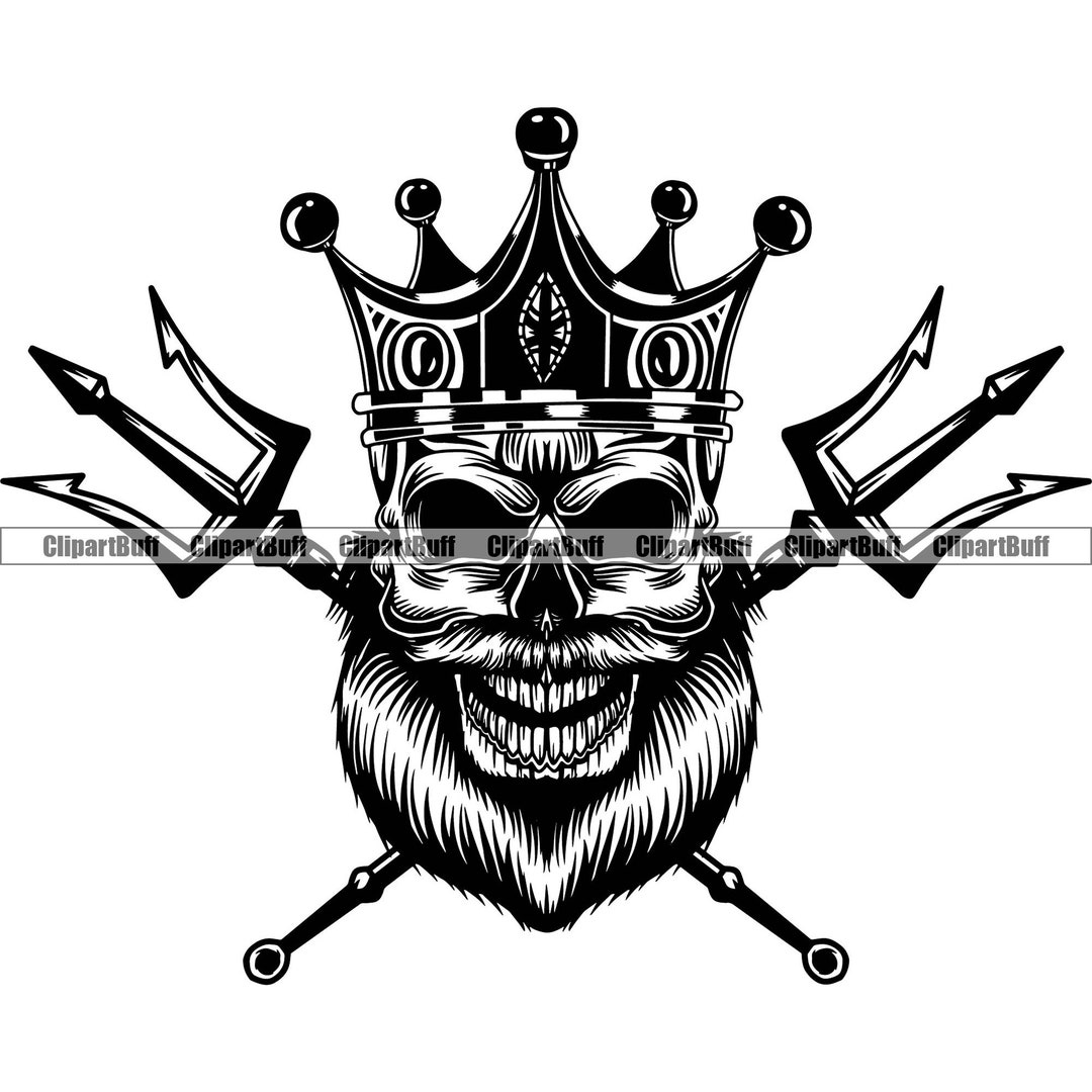 Skull Skeleton King Sea Captain Nautical Captain Crown Trident Beard ...