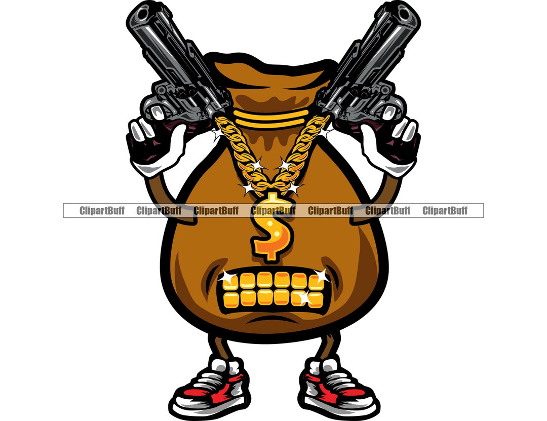Gangster Hustle Money Bag Character Holding Gun Gold Teeth Chain Trap ...
