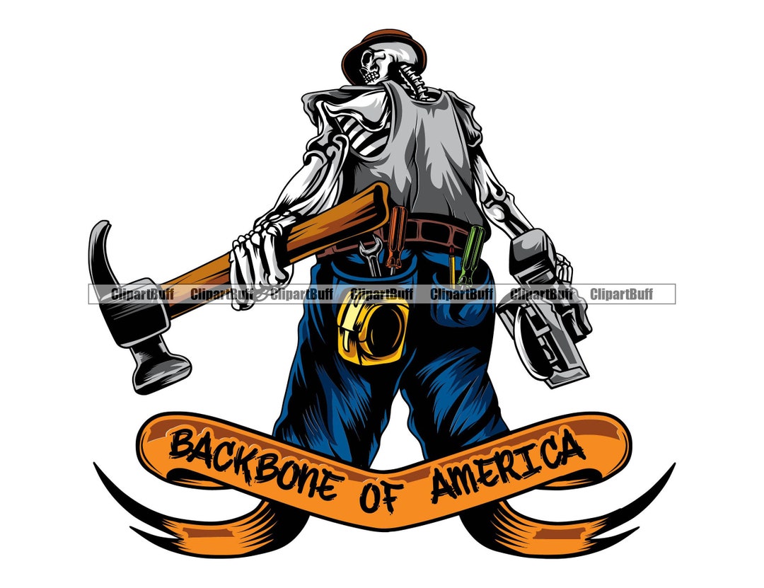 Backbone America Skull Holding Hammer Nail Gun Skeleton Construction ...