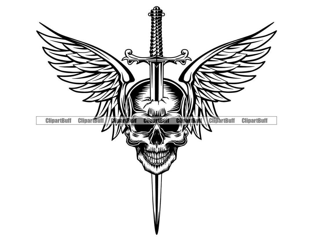 Skull Wings Sword Through Skeleton Head Face Angel Fly Warrior Knight ...
