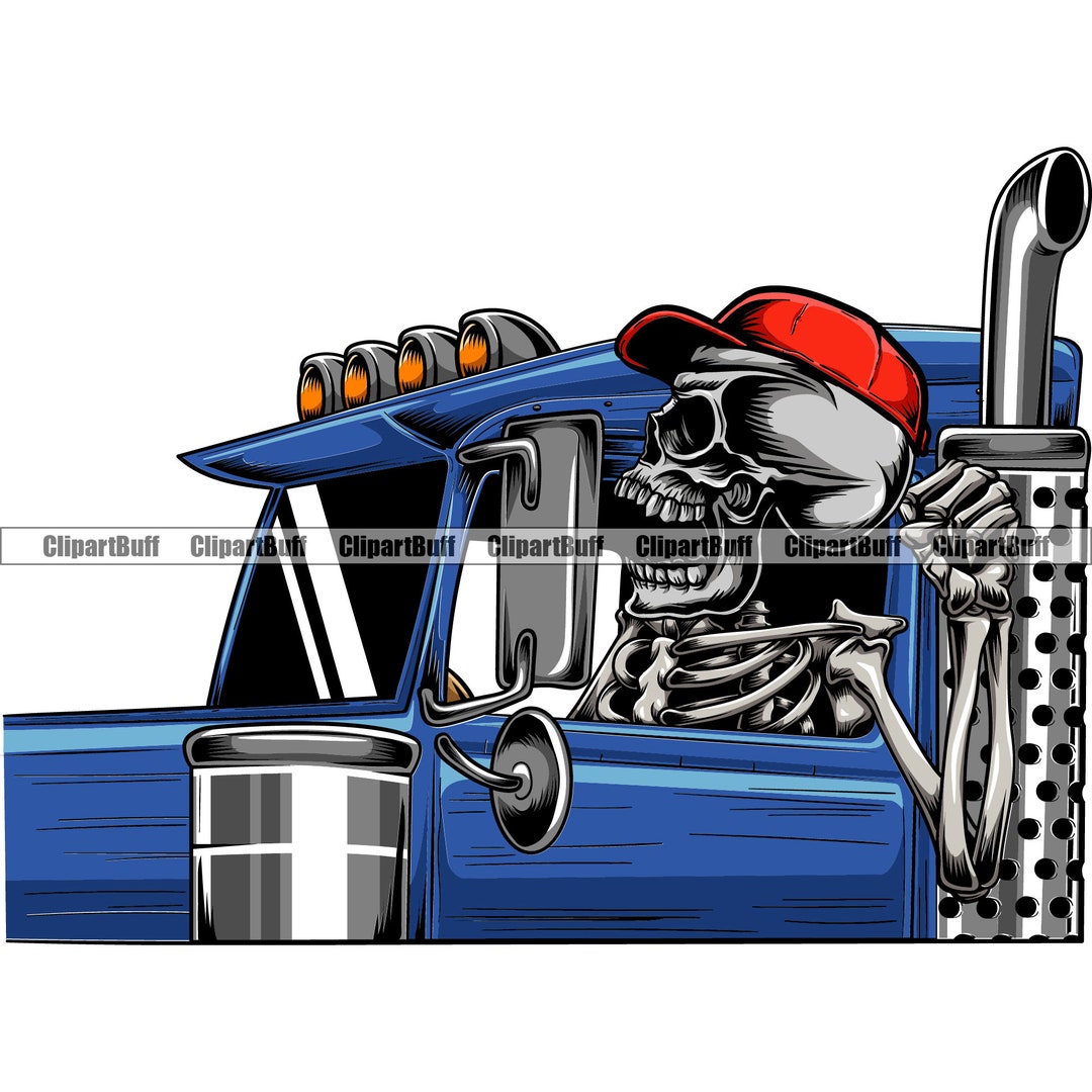 Truck Driver Skull Hat Skeleton Hand Arm Gesture Pulling Horn Trucking ...