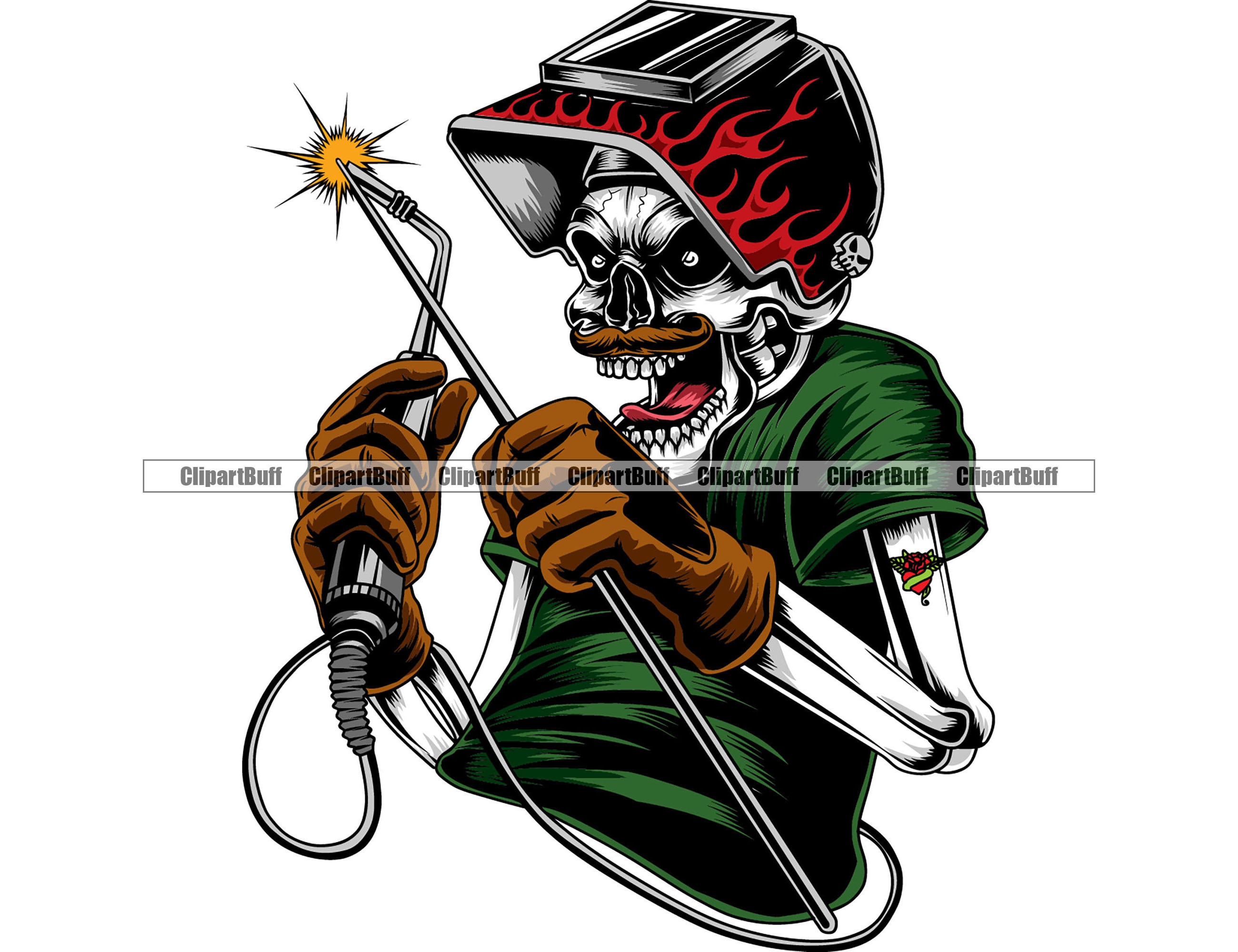 Skull Wearing Welding Torch Helmet Mask Hot Rod Flames Mustache Weld ...