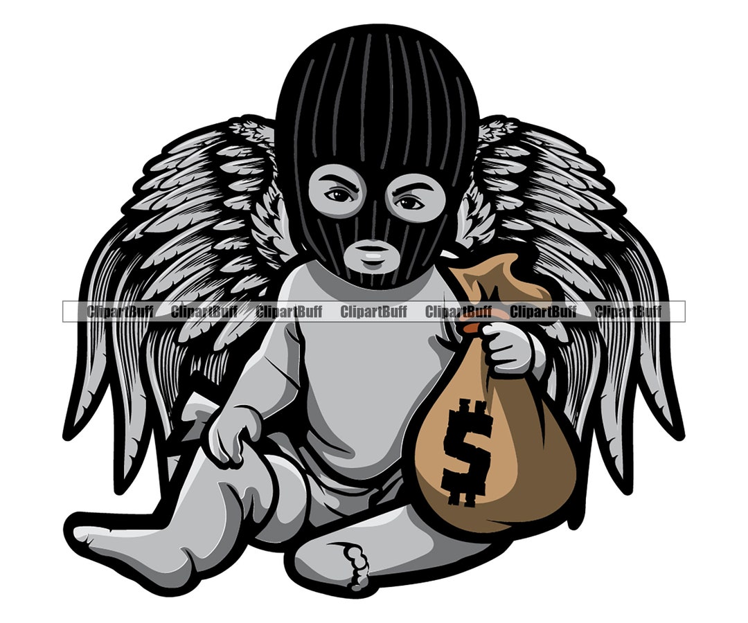 Gangster Hustle Baby Angel Wings Religious Statue Holding Money Bag Ski ...