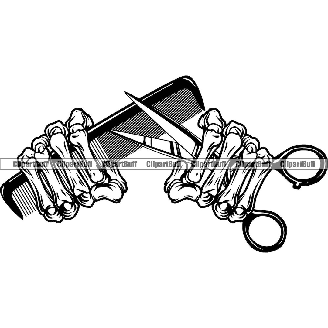 Skeleton Hand Holding Barber Shears Comb Scissors Razor Skull ...