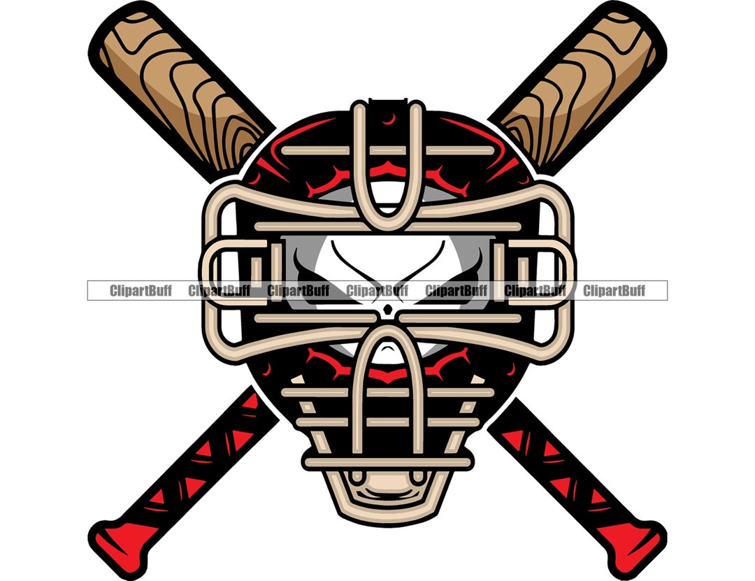 Skull Head Baseball Catchers Mask Bat Crossbones Grin Skeleton Player ...