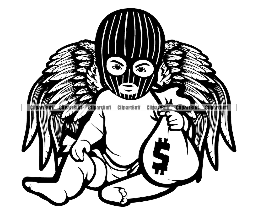 Gangster Hustle Baby Statue Angel Wings Holding Cash Money Bag Ski Mask ...