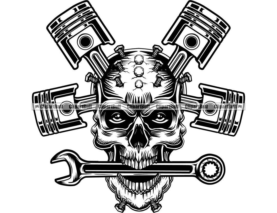 Skull Piston on Head Skeleton Wrench Handyman Worker Builder Machine ...