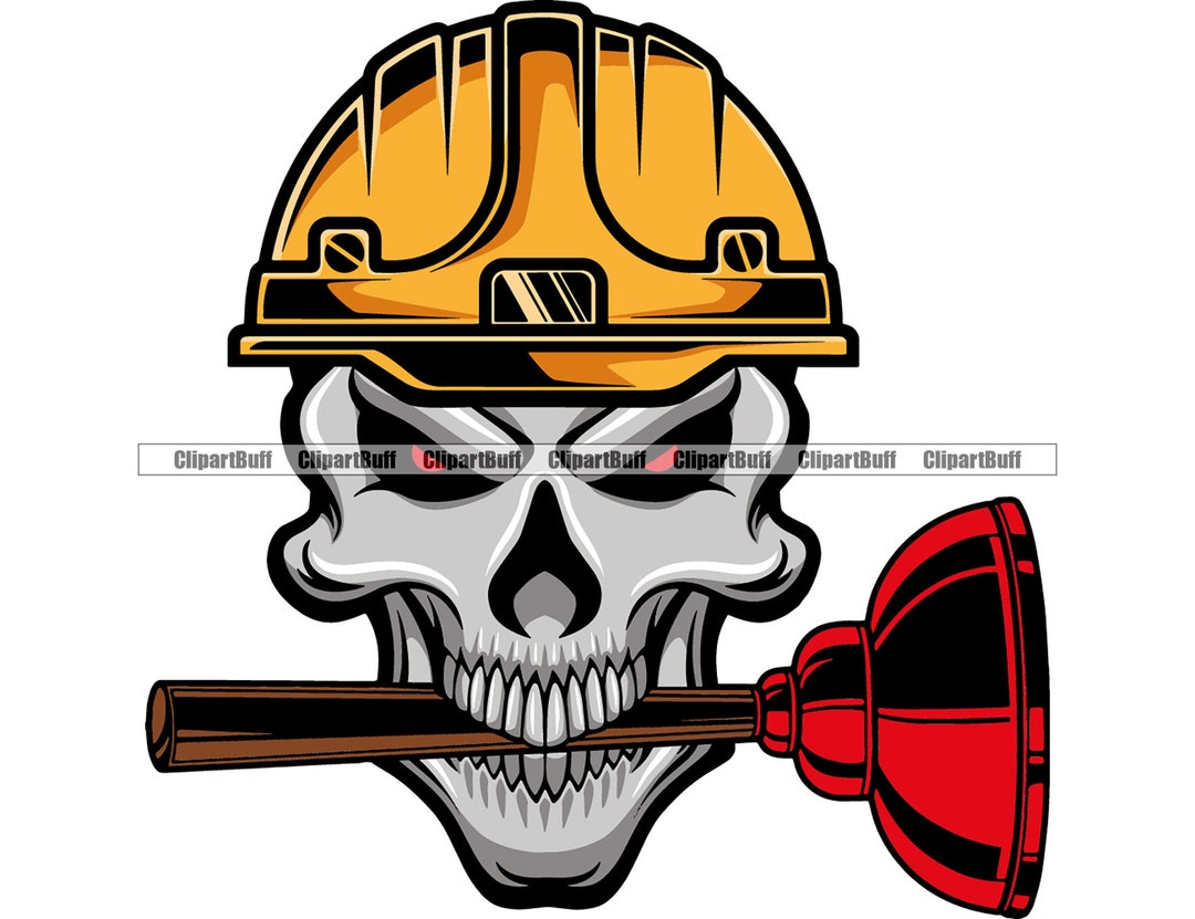 Plumber Skull Biting Plunger Mouth Skeleton Helmet Worker Build Builder ...