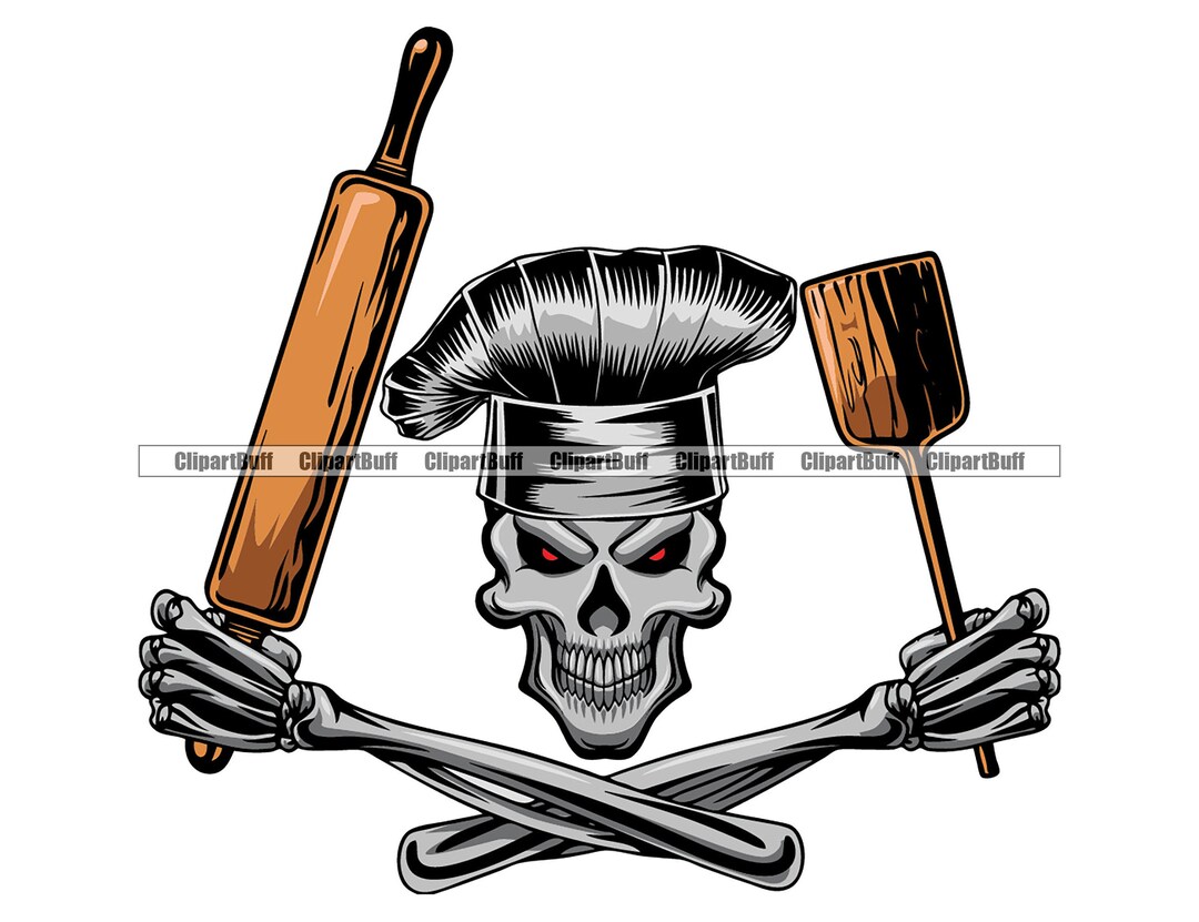 Skull Chef Baker Bakery Baking Pizza Peel Rolling Pin Skeleton Cooking ...