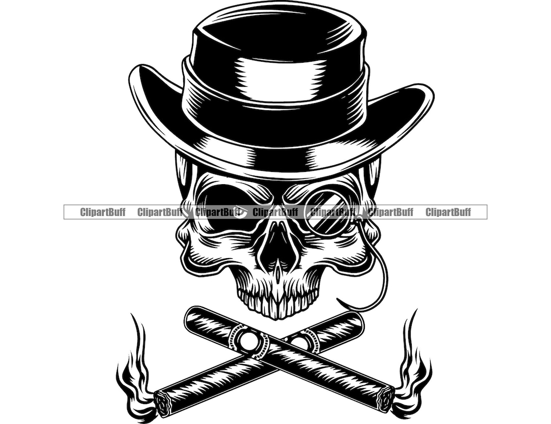 Skull Smoking Cigar Crossbones Top Hat Monocle Glasses Skeleton Smoker ...