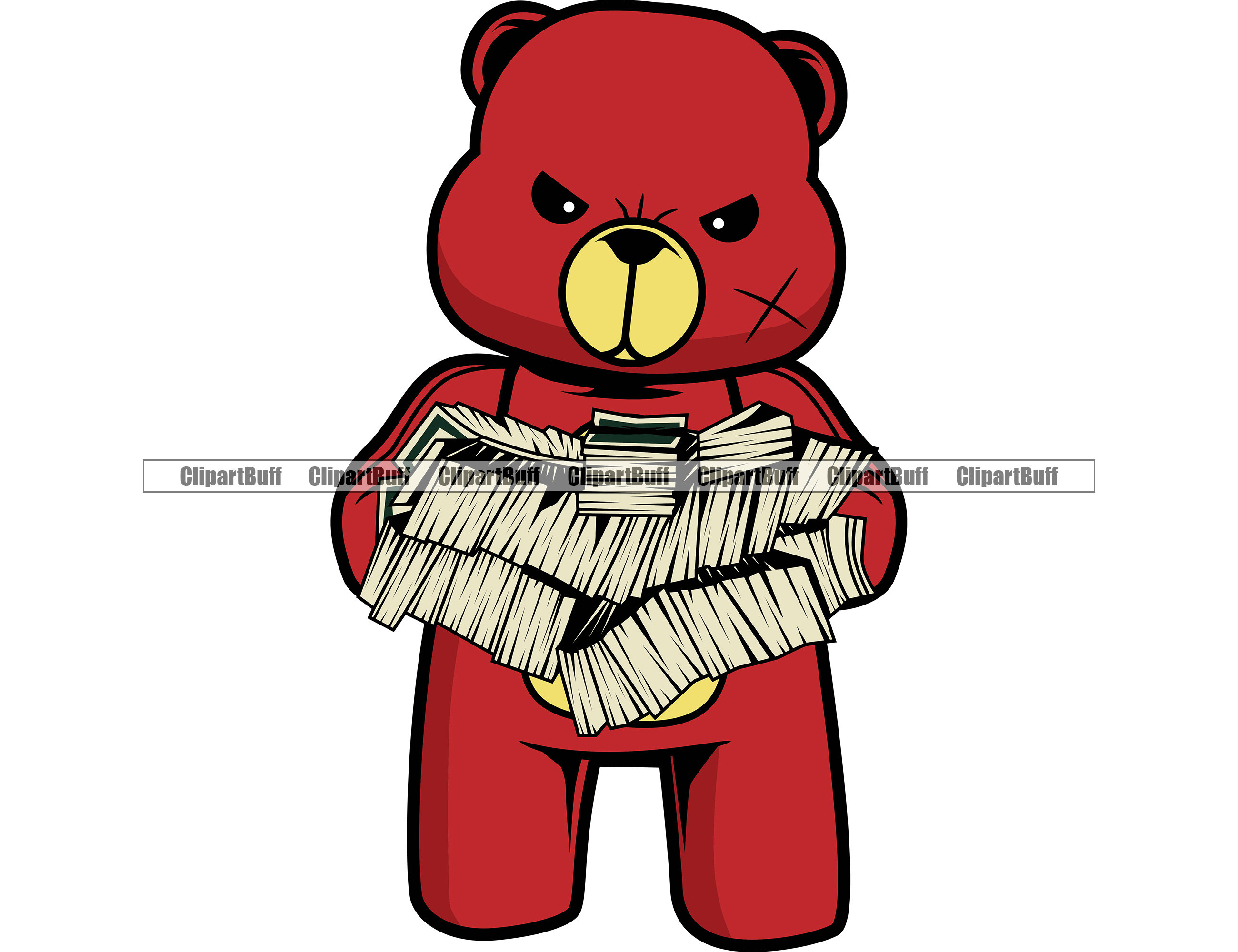 Gangster Hustle Teddy Mean Scar Face Holding Pile of Money Cartoon Hip ...