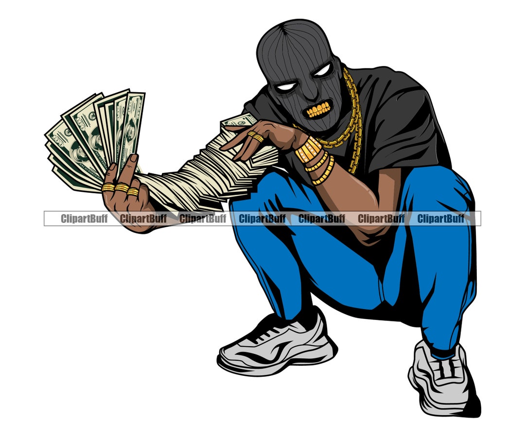 Gangster Hustle Man Wearing Ski Mask Spreading Money Stack on Arm Trap ...