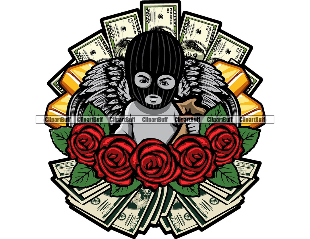 Gangster Baby Angel Wings Money Stack Roses Wearing Ski Mask Hustling ...
