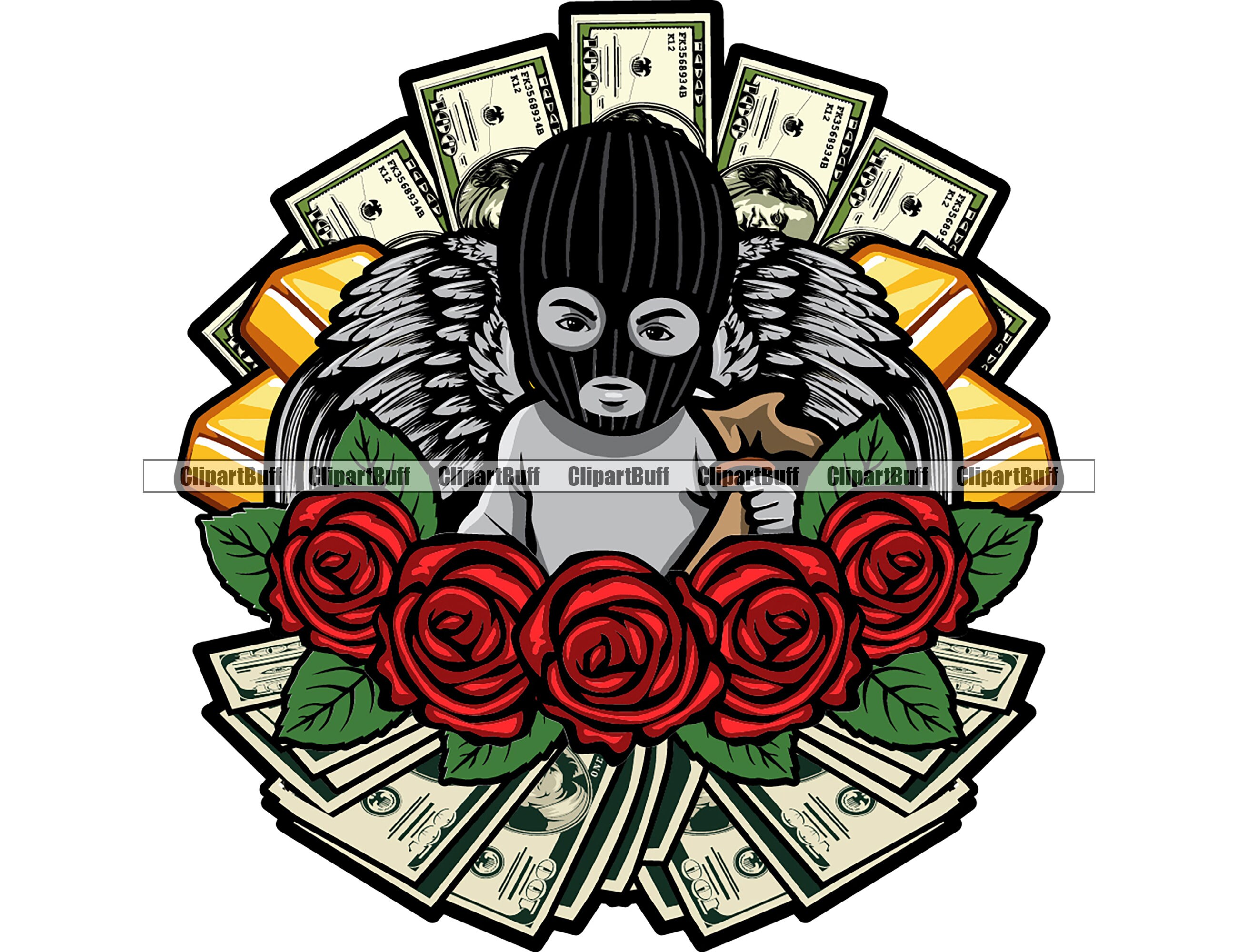 Gangster Baby Angel Wings Money Stack Roses Wearing Ski Mask Hustling ...