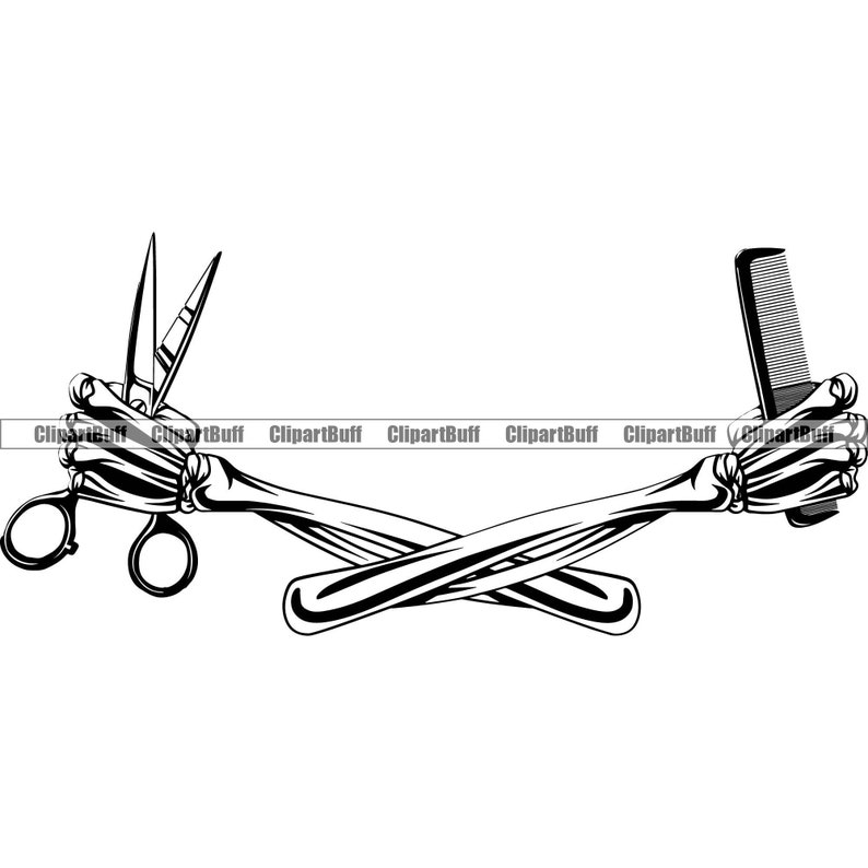 Skeleton Hand Holding Barber Shears Comb Scissors Razor Skull ...
